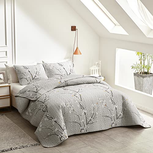 3 Pieces Quilt Set Queen Full Size 88x88 Gray Branch Floral Style Soft Reversible Microfiber Lightweight Coverlet Bedspread Summer Bedding Set Bed Cover for All Season (1 Quilt+ 2 Shams)