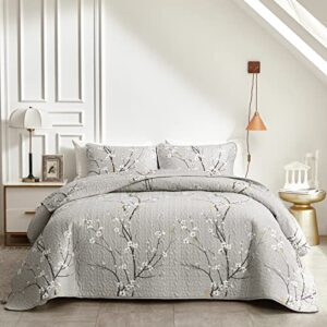 3 Pieces Quilt Set Queen Full Size 88x88 Gray Branch Floral Style Soft Reversible Microfiber Lightweight Coverlet Bedspread Summer Bedding Set Bed Cover for All Season (1 Quilt+ 2 Shams)