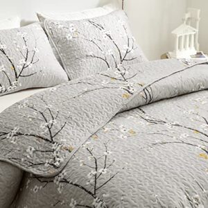 3 Pieces Quilt Set Queen Full Size 88x88 Gray Branch Floral Style Soft Reversible Microfiber Lightweight Coverlet Bedspread Summer Bedding Set Bed Cover for All Season (1 Quilt+ 2 Shams)