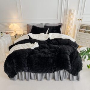 UOZZI BEDDING Black Faux Fur Comforter Set Queen 3 Pieces - 1 Black Shaggy Comforter Set 90x90 and 2 Pillowcases, Ultra Soft and Easy Care Luxury Plush Shaggy Duvet Set