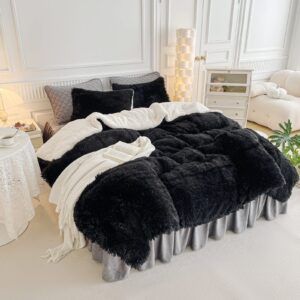 UOZZI BEDDING Black Faux Fur Comforter Set Queen 3 Pieces - 1 Black Shaggy Comforter Set 90x90 and 2 Pillowcases, Ultra Soft and Easy Care Luxury Plush Shaggy Duvet Set