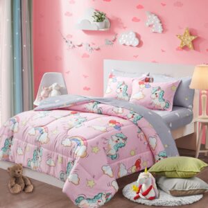 uozzi bedding kids girls bed in a bag 7 pieces queen size unicorn pink comforter set - (1 soft microfiber, reversible comforter, 2 pillow shams, 1 flat sheet, 1 fitted sheet, 2 pillowcases)