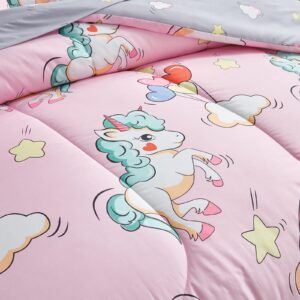 UOZZI BEDDING Kids Girls Bed in a Bag 7 Pieces Queen Size Unicorn Pink Comforter Set - (1 Soft Microfiber, Reversible Comforter, 2 Pillow Shams, 1 Flat Sheet, 1 Fitted Sheet, 2 Pillowcases)