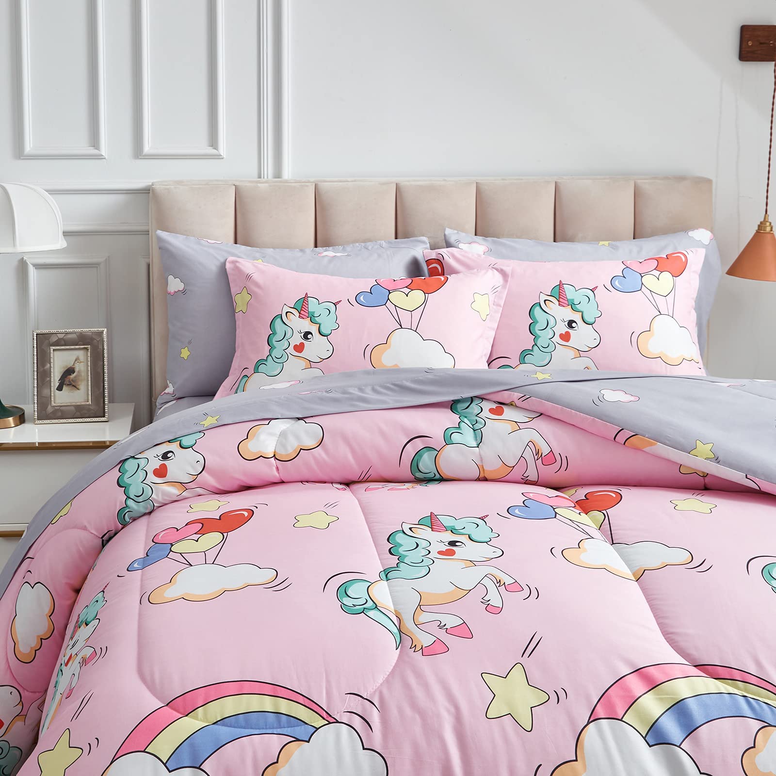 UOZZI BEDDING Kids Girls Bed in a Bag 7 Pieces Queen Size Unicorn Pink Comforter Set - (1 Soft Microfiber, Reversible Comforter, 2 Pillow Shams, 1 Flat Sheet, 1 Fitted Sheet, 2 Pillowcases)