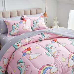 UOZZI BEDDING Kids Girls Bed in a Bag 7 Pieces Queen Size Unicorn Pink Comforter Set - (1 Soft Microfiber, Reversible Comforter, 2 Pillow Shams, 1 Flat Sheet, 1 Fitted Sheet, 2 Pillowcases)