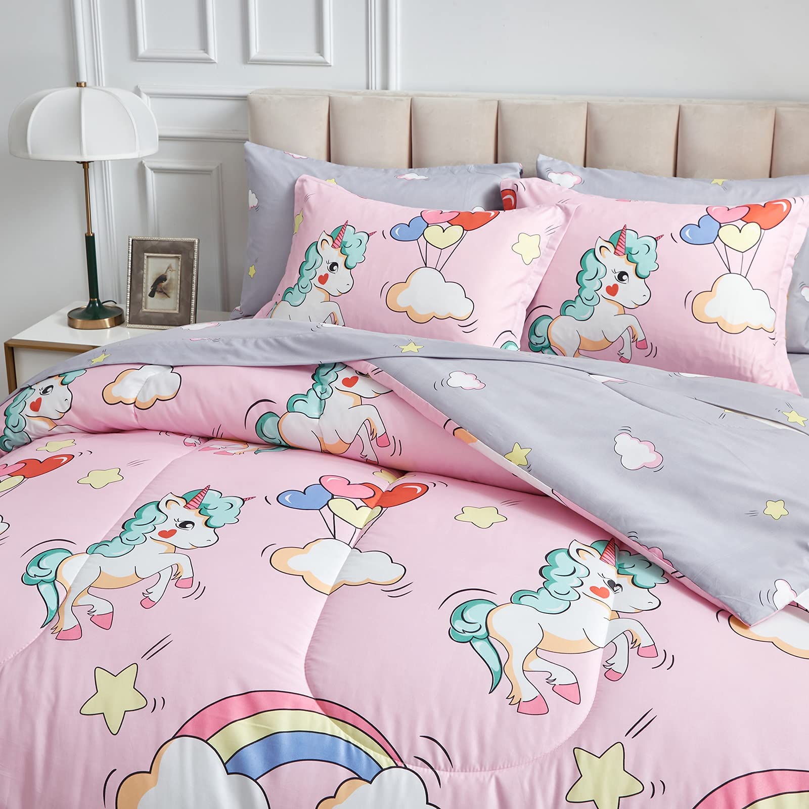 UOZZI BEDDING Kids Girls Bed in a Bag 7 Pieces Queen Size Unicorn Pink Comforter Set - (1 Soft Microfiber, Reversible Comforter, 2 Pillow Shams, 1 Flat Sheet, 1 Fitted Sheet, 2 Pillowcases)