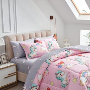 UOZZI BEDDING Kids Girls Bed in a Bag 7 Pieces Queen Size Unicorn Pink Comforter Set - (1 Soft Microfiber, Reversible Comforter, 2 Pillow Shams, 1 Flat Sheet, 1 Fitted Sheet, 2 Pillowcases)