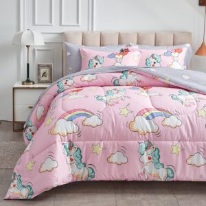 UOZZI BEDDING Kids Girls Bed in a Bag 7 Pieces Queen Size Unicorn Pink Comforter Set - (1 Soft Microfiber, Reversible Comforter, 2 Pillow Shams, 1 Flat Sheet, 1 Fitted Sheet, 2 Pillowcases)