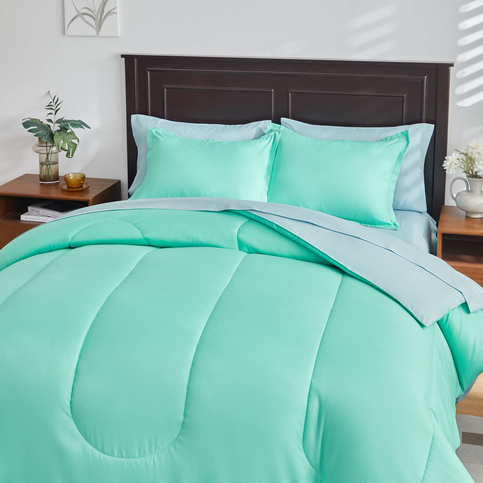 UOZZI BEDDING Teal King Comforter Set 7 Pieces Bed in a Bag with Spring Comforter King Size,Blue Sheets, Pillowcases & Shams Reversible Soft All Season Bed Set