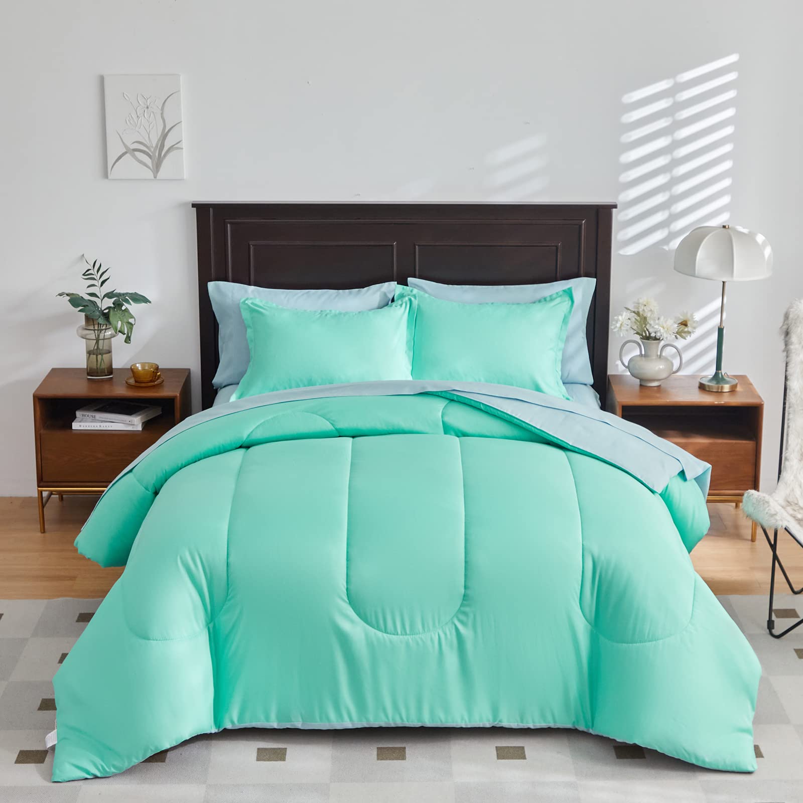 UOZZI BEDDING Teal King Comforter Set 7 Pieces Bed in a Bag with Spring Comforter King Size,Blue Sheets, Pillowcases & Shams Reversible Soft All Season Bed Set