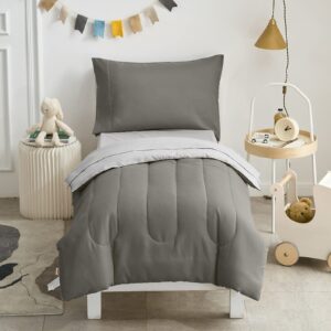 UOZZI BEDDING 4 Pieces Toddler Bedding Set Ultra Soft and Breathable Toddler Sheet Set - Includes Comforter, Flat Sheet, Fitted Sheet and Pillowcase - Dark Gray & Gray