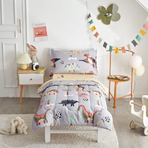 uozzi bedding 4 piece gray dinosaurs toddler bedding set with colorful dinos boys bed comforter sheet set