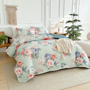 uozzi bedding botanical quilt set queen size 90x90 3 pc reversible soft microfiber lightweight green coverlet with blue red flowers bedspread summer bed cover for all season (1 quilt+ 2 shams)