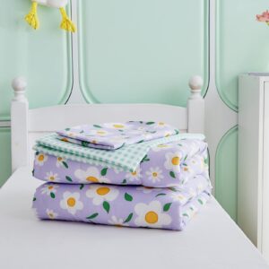 UOZZI BEDDING 4 Pieces White Girls Toddler Bedding Set Purple Floral Style - Includes Adorable Quilted Flower Comforter, Green Plaid Fitted Sheet, Top Sheet, and Pillow Case for Girls Bed