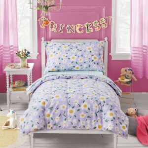 uozzi bedding 4 pieces white girls toddler bedding set purple floral style - includes adorable quilted flower comforter, green plaid fitted sheet, top sheet, and pillow case for girls bed