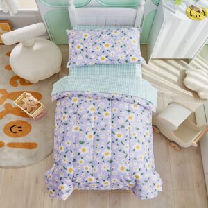 UOZZI BEDDING 4 Pieces White Girls Toddler Bedding Set Purple Floral Style - Includes Adorable Quilted Flower Comforter, Green Plaid Fitted Sheet, Top Sheet, and Pillow Case for Girls Bed