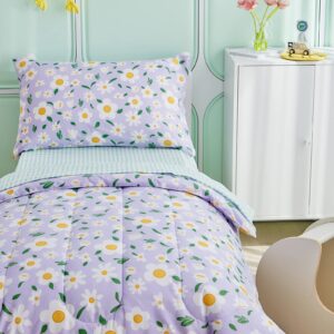 UOZZI BEDDING 4 Pieces White Girls Toddler Bedding Set Purple Floral Style - Includes Adorable Quilted Flower Comforter, Green Plaid Fitted Sheet, Top Sheet, and Pillow Case for Girls Bed