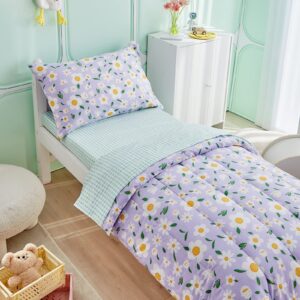 UOZZI BEDDING 4 Pieces White Girls Toddler Bedding Set Purple Floral Style - Includes Adorable Quilted Flower Comforter, Green Plaid Fitted Sheet, Top Sheet, and Pillow Case for Girls Bed