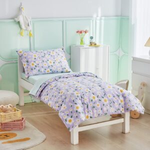 UOZZI BEDDING 4 Pieces White Girls Toddler Bedding Set Purple Floral Style - Includes Adorable Quilted Flower Comforter, Green Plaid Fitted Sheet, Top Sheet, and Pillow Case for Girls Bed