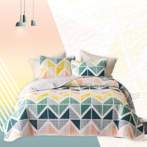 quilt set bed in a bag 7 piece queen size colorful cubes orange yellow green bedspread coverlet with (1 reversible quilt 88x88, 2 pillow shams, 1 flat sheet, 1 fitted sheet, 2 pillowcases)