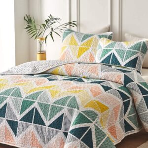 Quilt Set Bed in a bag 7 Piece Queen Size Colorful Cubes Orange Yellow Green Bedspread Coverlet with (1 Reversible Quilt 88x88, 2 Pillow Shams, 1 Flat Sheet, 1 Fitted Sheet, 2 Pillowcases)