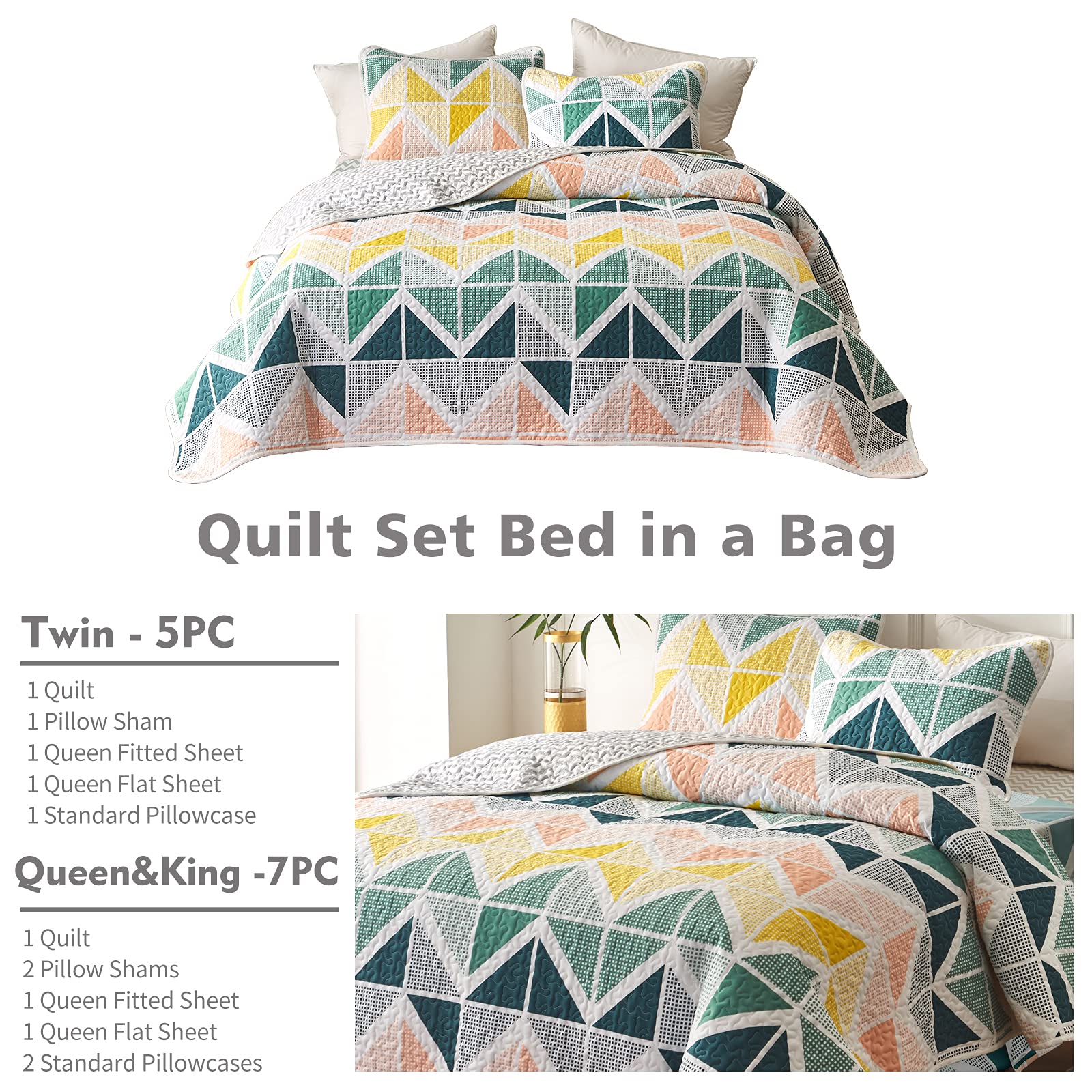 Quilt Set Bed in a bag 7 Piece Queen Size Colorful Cubes Orange Yellow Green Bedspread Coverlet with (1 Reversible Quilt 88x88, 2 Pillow Shams, 1 Flat Sheet, 1 Fitted Sheet, 2 Pillowcases)