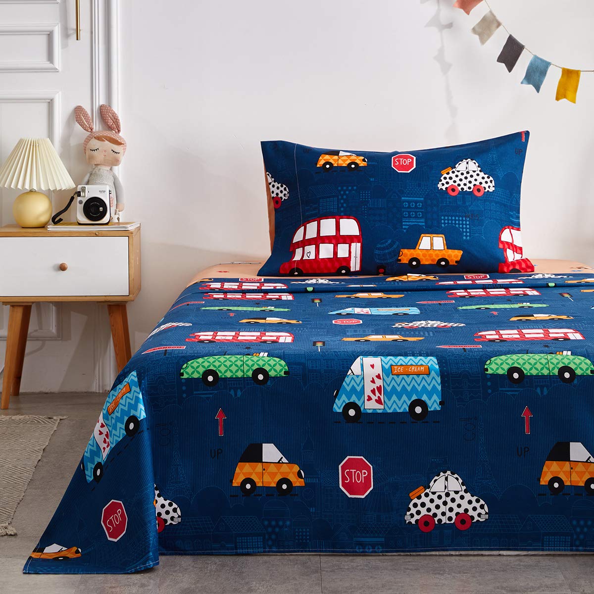 UOZZI BEDDING Queen Sheet Set for Boys Kids Teens Cute 4 Pieces Microfiber Navy Bedding Set with Green Red Orange Blue Cars Bus Colorful Traffic Style