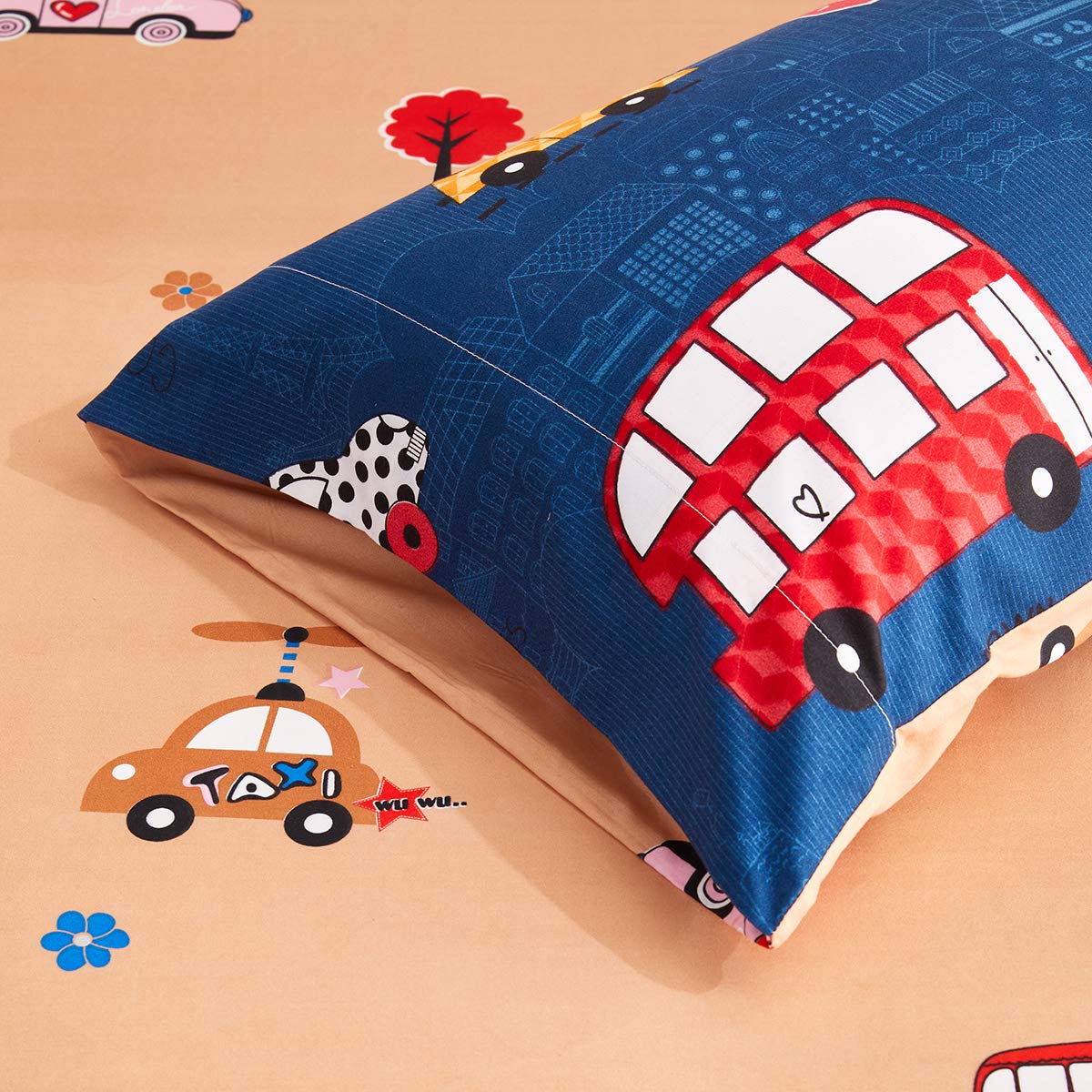 UOZZI BEDDING Queen Sheet Set for Boys Kids Teens Cute 4 Pieces Microfiber Navy Bedding Set with Green Red Orange Blue Cars Bus Colorful Traffic Style