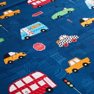 UOZZI BEDDING Queen Sheet Set for Boys Kids Teens Cute 4 Pieces Microfiber Navy Bedding Set with Green Red Orange Blue Cars Bus Colorful Traffic Style