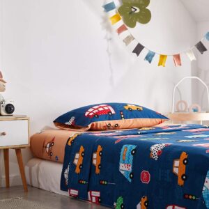 UOZZI BEDDING Queen Sheet Set for Boys Kids Teens Cute 4 Pieces Microfiber Navy Bedding Set with Green Red Orange Blue Cars Bus Colorful Traffic Style