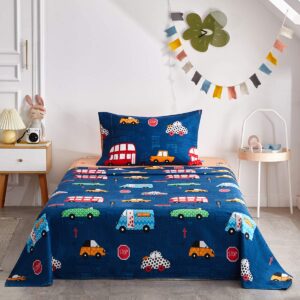 UOZZI BEDDING Queen Sheet Set for Boys Kids Teens Cute 4 Pieces Microfiber Navy Bedding Set with Green Red Orange Blue Cars Bus Colorful Traffic Style