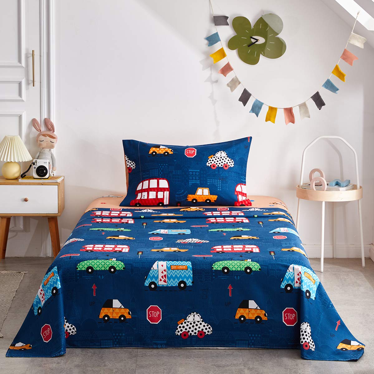 UOZZI BEDDING Queen Sheet Set for Boys Kids Teens Cute 4 Pieces Microfiber Navy Bedding Set with Green Red Orange Blue Cars Bus Colorful Traffic Style