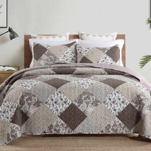 boryard 3-piece queen quilt set, lightweight soft warm full size quilt bedspread coverlet (90x90 inches) with 2 pillow shams (20x26 inches) for all season, brown plaid