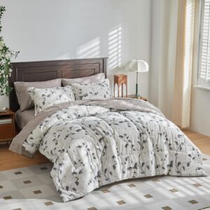 Botanical Comforter Sheet Set White Flower Bed in a Bag 7 Pieces Queen Size Bedding Set (1 Comforter 2 Pillow Shams 1 Flat Sheet 1 Fitted Sheet 2 Pillowcases)