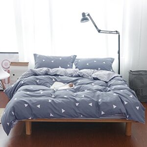 3 Pieces Duvet Cover Set Blue Gray with White Triangles - Ultra Soft and Easy Care Design Summer Bedding Duvet Cover Queen Size 90x90+ 2 Pillow Shams- 800 TC with Zipper Closure 4 Corner Ties