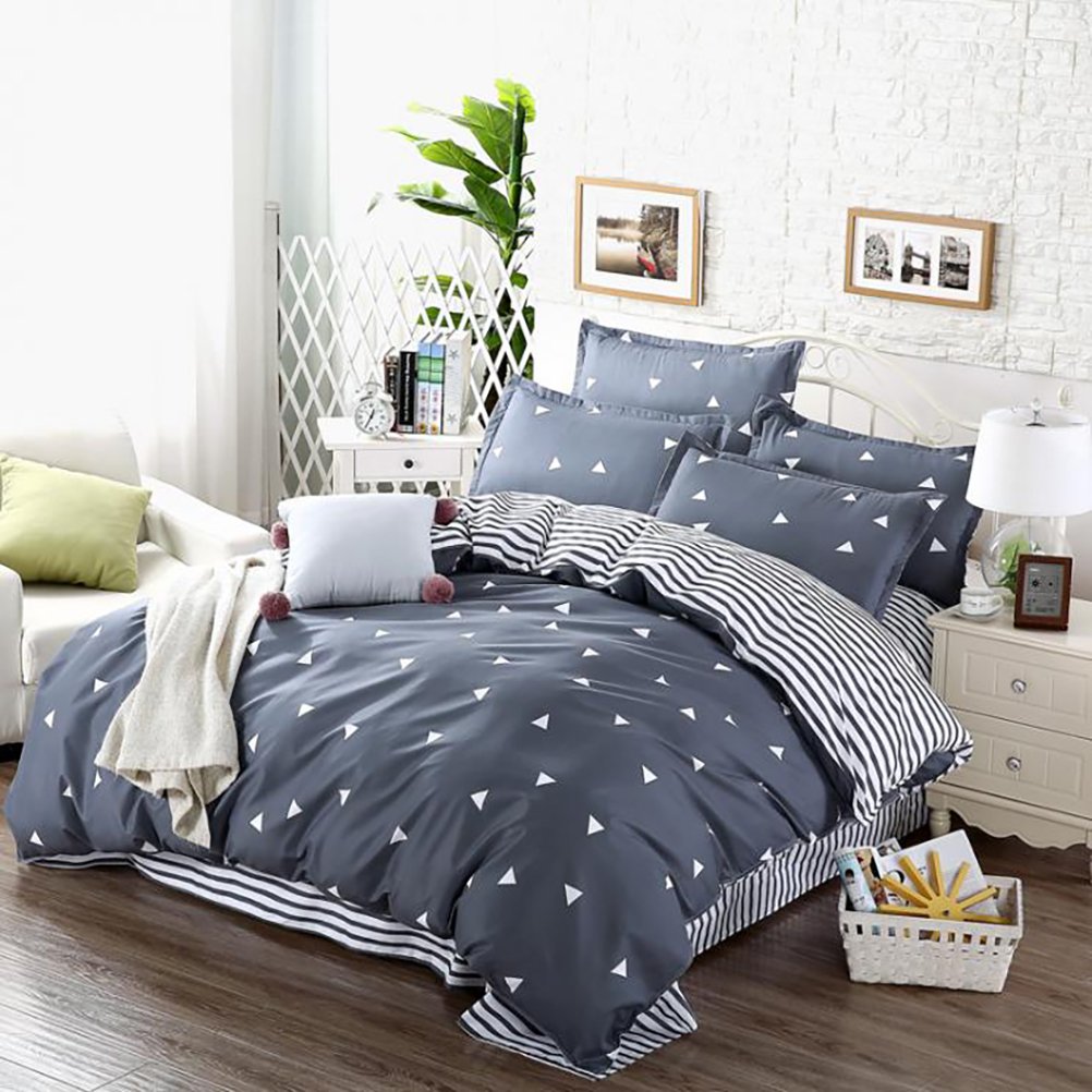 3 Pieces Duvet Cover Set Blue Gray with White Triangles - Ultra Soft and Easy Care Design Summer Bedding Duvet Cover Queen Size 90x90+ 2 Pillow Shams- 800 TC with Zipper Closure 4 Corner Ties