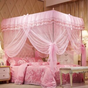 uozzi bedding 4 corners post pink canopy bed curtain for girls & adults - cute cozy drape square netting for twin bed - 4 opening 58" w x 80" l mosquito net - princess bedroom decoration