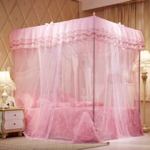 UOZZI BEDDING 4 Corners Post Pink Canopy Bed Curtain for Girls & Adults - Cute Cozy Drape Square Netting for Twin Bed - 4 Opening 58" W x 80" L Mosquito Net - Princess Bedroom Decoration