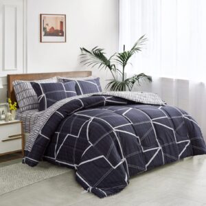 navy blue bed in a bag 7 pieces queen size all season navy white line - soft microfiber reversible bed comforter set (1 comforter, 2 pillow shams, 1 flat sheet, 1 fitted sheet, 2 pillowcases)