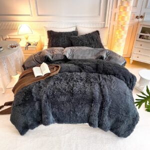 shaggy comforter set black queen size 3 pieces winter faux fur comforter set with 2 pillowcases ultra soft and easy care luxury plush warm super fleece velvet flannel bedding set