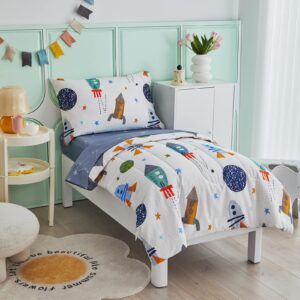 100% cotton 4 pieces white space toddler bedding set with colorful rocket stars and planet includes adorable quilted comforter, blue gray fitted sheet, top sheet, and pillow case for boys girls