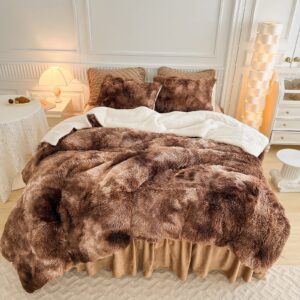 fur bed in a bag queen size faux fur comforter set white with coffee - 6 pieces shaggy comforter set adult size - luxury warm winter bed in a bag style with flannel bed skirt, pillowcases