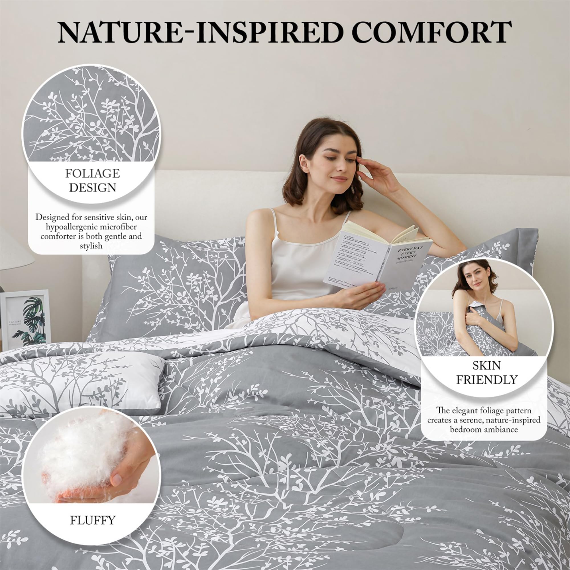 Spirit Linen 6pcs Queen Comforter Set - Cozy Deep Sleep Microfiber Bedding Comforter Sets with Foliage Designed - Queen Size Comforter Sets with Pillow Shams (Grey, Queen)