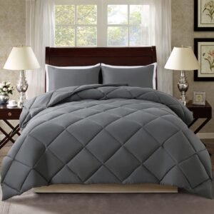 elnido queen® grey queen comforter set with 2 pillow shams - 3 pieces bed comforter set - gray down alternative comforter set - lightweight all season bedding comforter sets queen size(88x92 inch)