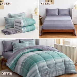 Joyreap 7 Piece Bed in a Bag Queen, Light Gray Stripes Reversible Design, Microfiber Comforter Set for All Season- 1 Comforter, 2 Pillow Shams, 1 Flat Sheet, 1 Fitted Sheet, 2 Pillowcases