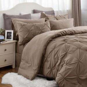 bedsure brown comforter set queen - bed in a bag queen 7 pieces, pintuck beddding sets brown bed set with comforter, sheets, pillowcases & shams