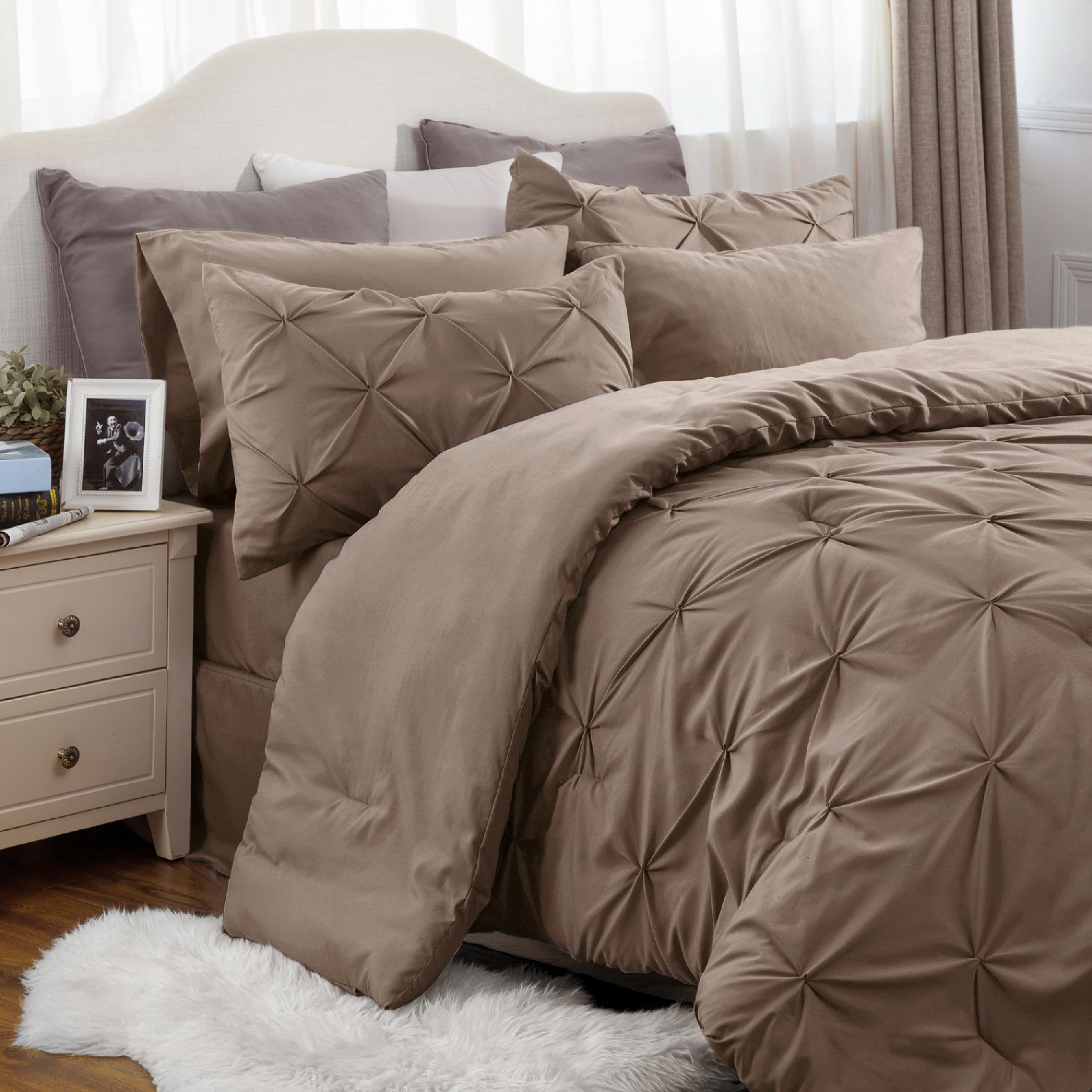 Bedsure Brown Comforter Set Queen - Bed in a Bag Queen 7 Pieces, Pintuck Beddding Sets Brown Bed Set with Comforter, Sheets, Pillowcases & Shams