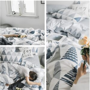 VClife Cotton Duvet Cover Queen Size, Queen Gray Blue White Triangle Bedding Sets Modern Style Geometric Duvet Cover, Zipper Closure & Corner Ties, Breathable, Lightweight