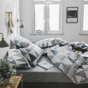 VClife Cotton Duvet Cover Queen Size, Queen Gray Blue White Triangle Bedding Sets Modern Style Geometric Duvet Cover, Zipper Closure & Corner Ties, Breathable, Lightweight