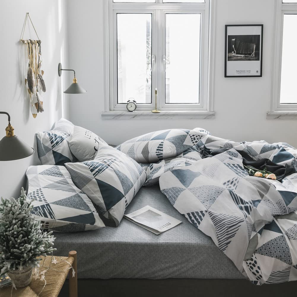 VClife Cotton Duvet Cover Queen Size, Queen Gray Blue White Triangle Bedding Sets Modern Style Geometric Duvet Cover, Zipper Closure & Corner Ties, Breathable, Lightweight